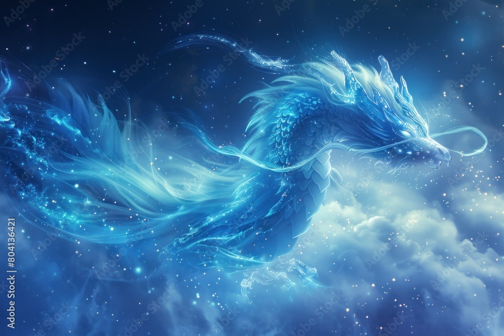 A spectral dragon, its scales shimmering with otherworldly light, soars ...