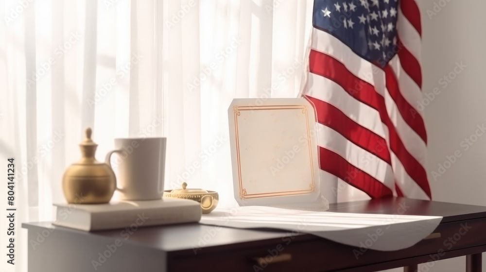 A serene workspace with an American flag, a cup of coffee and a classic ...