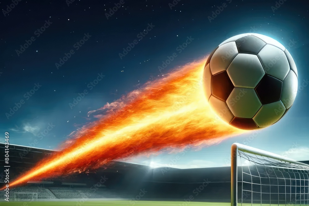 Flaming soccer ball at the stadium in the evening, Meteor-Like, World ...