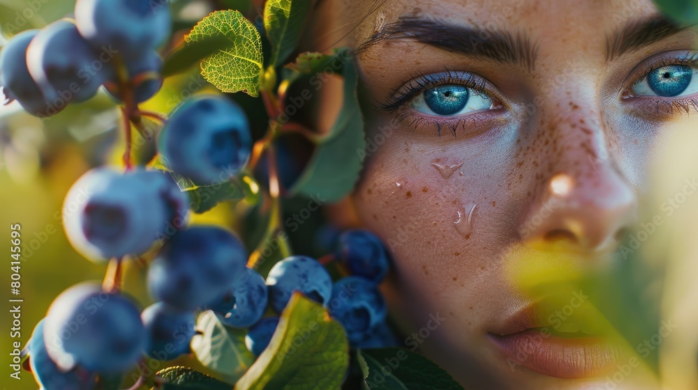 A woman with freckles is smiling in a field of electric blueberries ...