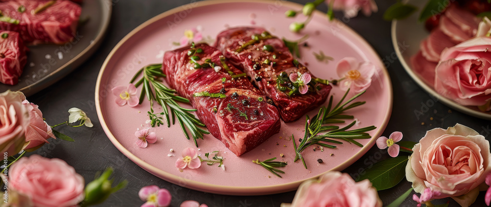 Wagyu mother's day dinner pink. top view. Generative AI. Stock Photo ...