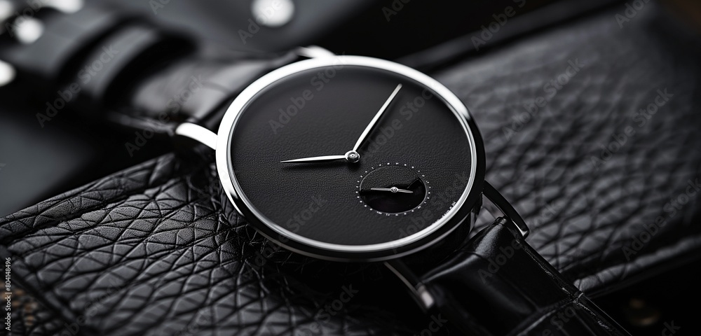 A minimalist, modern black watch with a sleek design, resting on a ...
