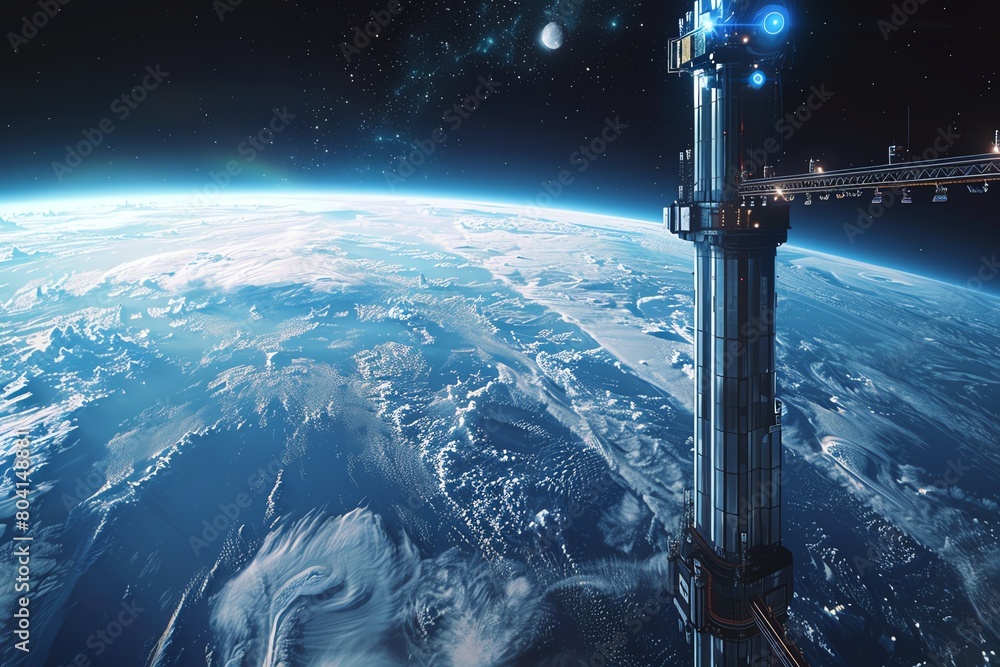 Stock photo of a space elevator concept, stretching from Earth to ...