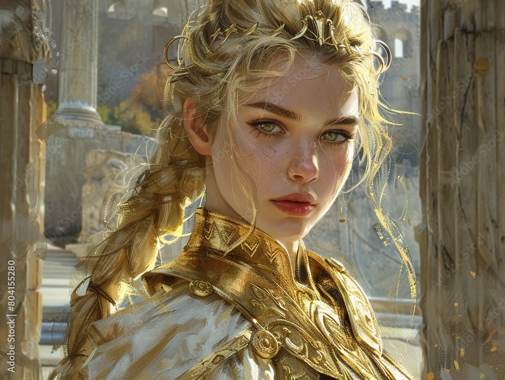An artistic depiction of a blonde woman in the attire of Athena, the ...