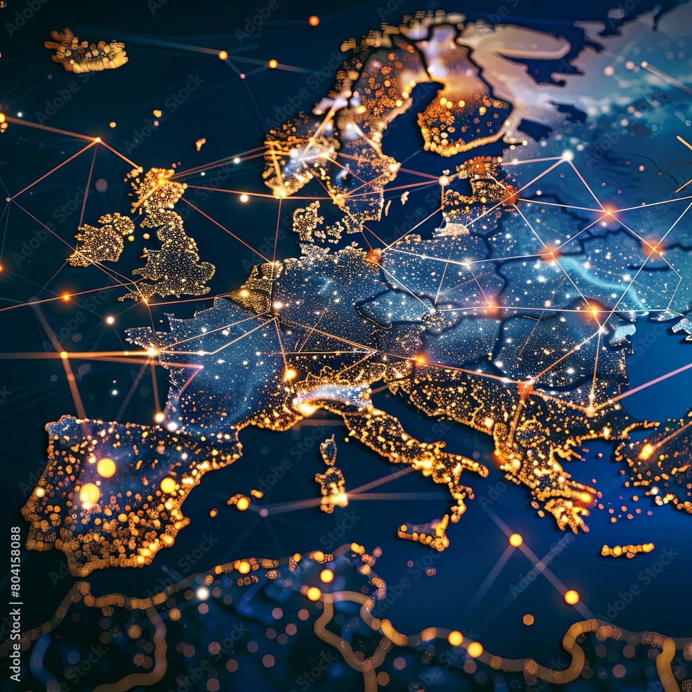 Illuminated Digital Network Map of Europe Highlighting Technological ...