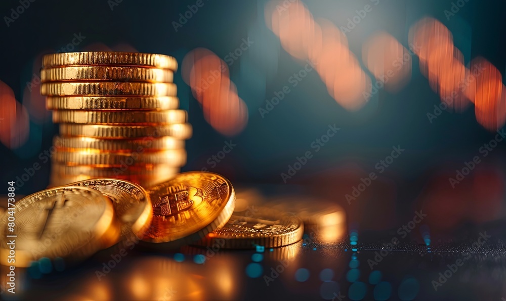 Digital gold coins with wrapper and proportion symbol on blurred ...