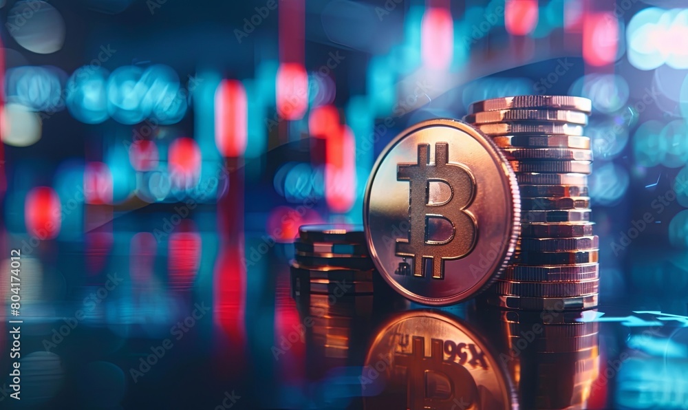 Digital gold coins with wrapper and proportion symbol on blurred ...