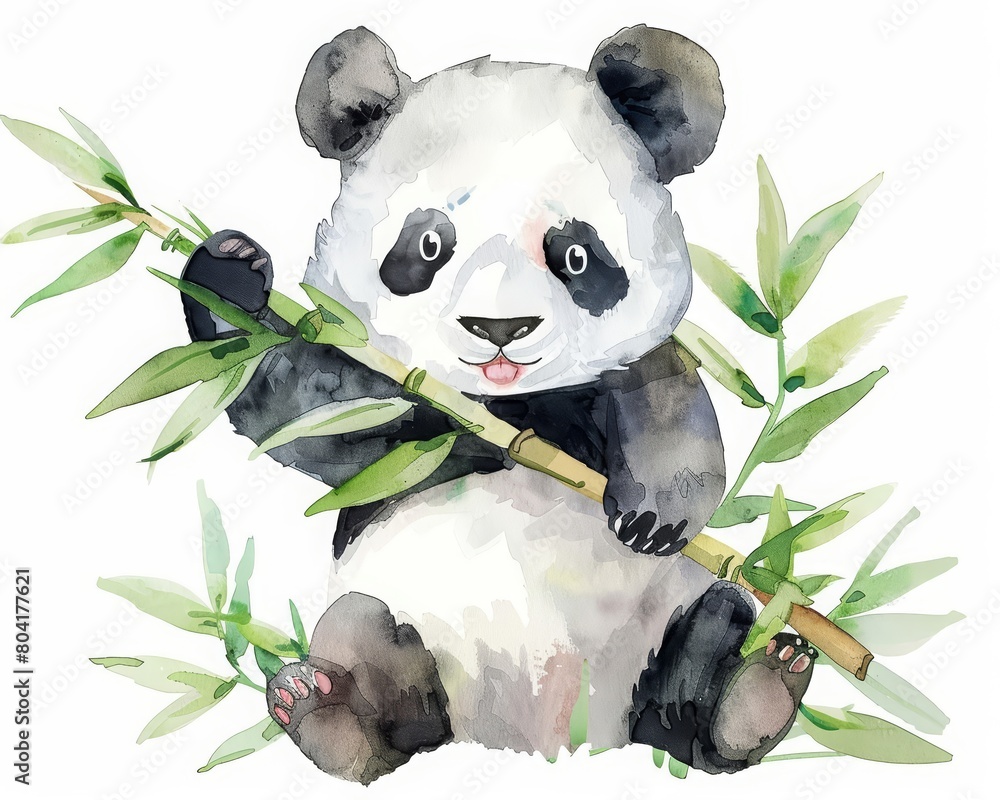 Imagine a cute, kawaii watercolor painting of a panda munching on ...