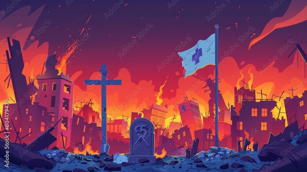 Cartoon illustration of destroyed city buildings on fire and a soldier ...