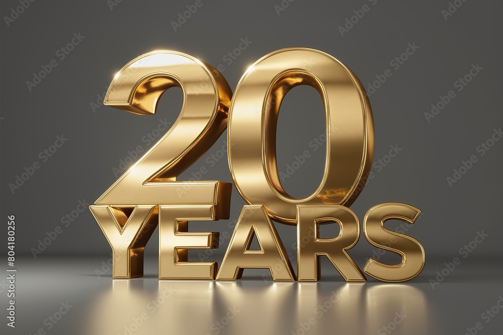 golden number "20 years" displayed in a sleek, futuristic, metallic ...