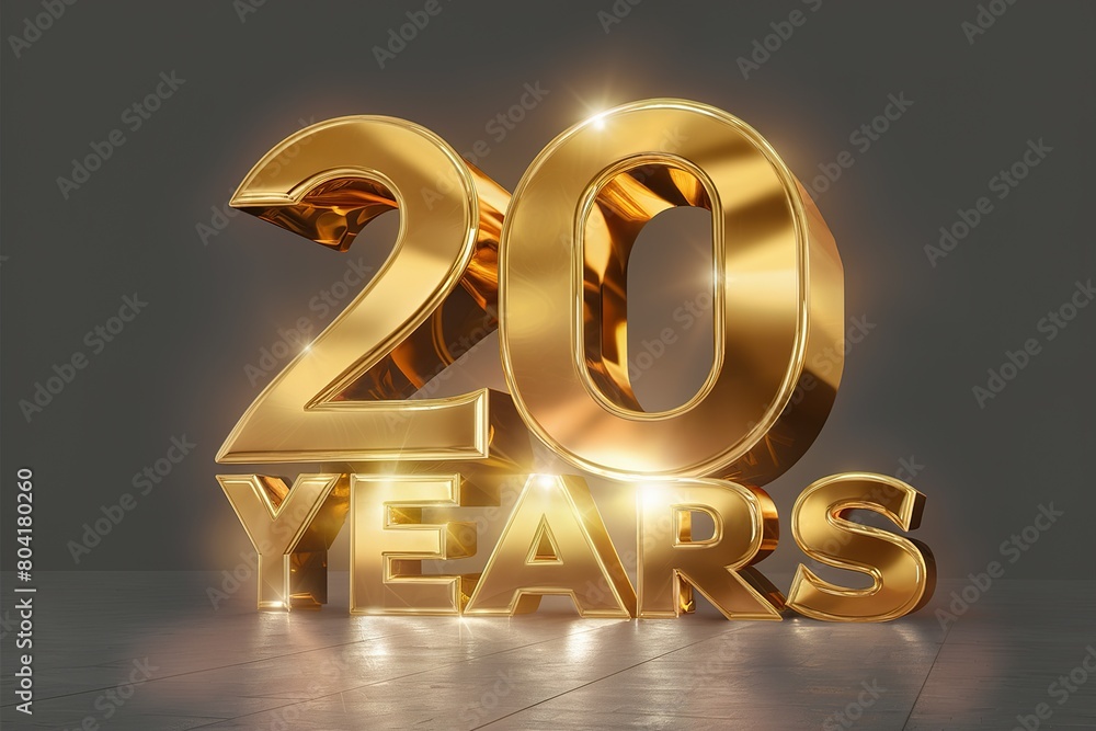 golden number "20 years" displayed in a sleek, futuristic, metallic ...