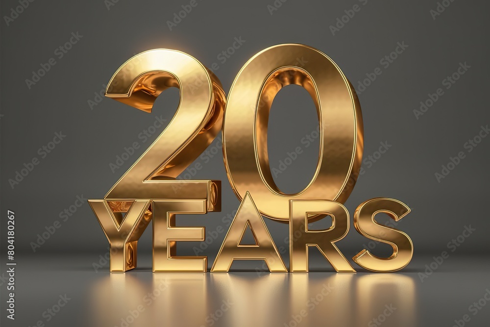 golden number "20 years" displayed in a sleek, futuristic, metallic ...