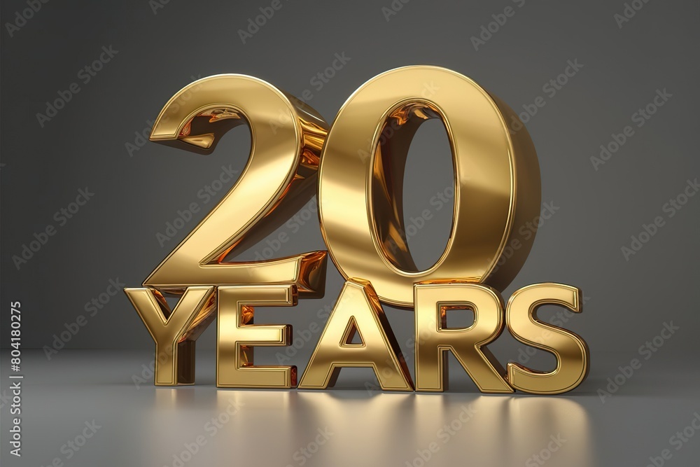 golden number "20 years" displayed in a sleek, futuristic, metallic ...