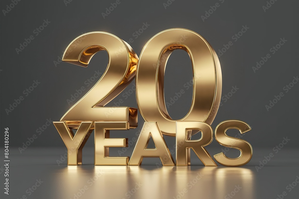 golden number "20 years" displayed in a sleek, futuristic, metallic ...