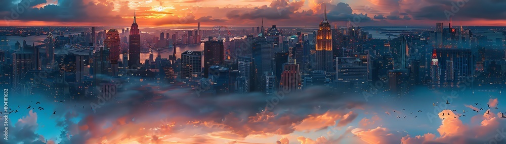 Capture an eye-level view of a bustling metropolis blending with ...