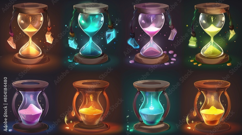 An hourglass animation sprite sheet rotating game icon. A glass clock ...