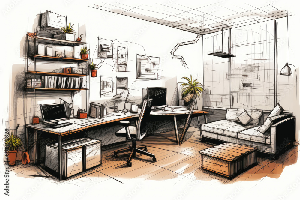 Teenager's room pencil sketch illustration. Living room with work area ...