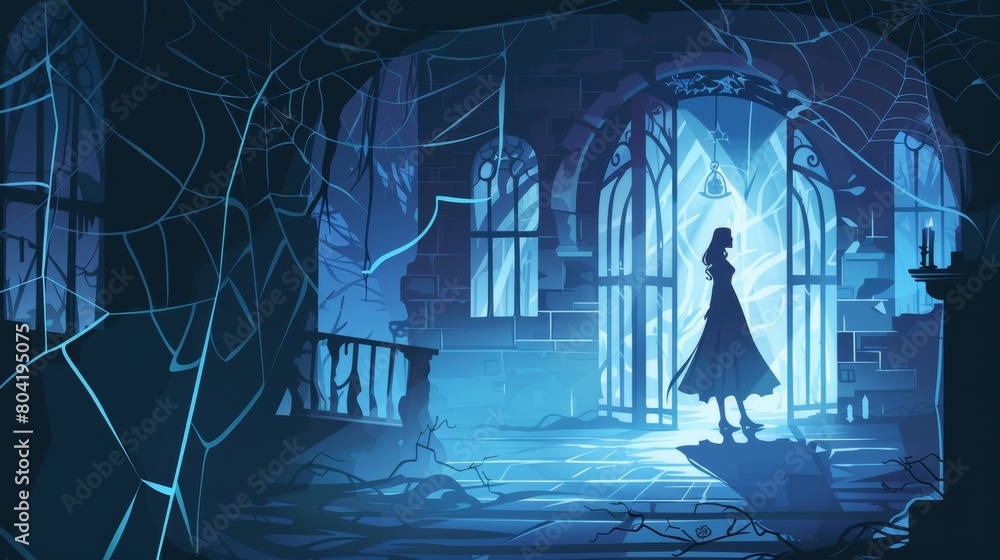 Halloween phantom woman in haunted castle room at night. Modern cartoon ...