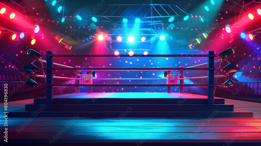 Animated cartoon boxing ring illuminated with neon lights. Arena props ...