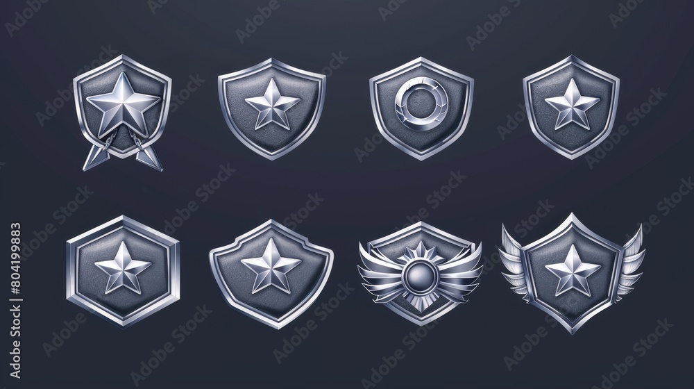 Set of silver metal pentagonal insignia medals with stars, chevrons ...