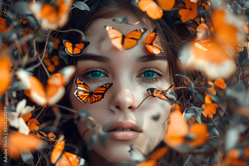 In a close-up portrait, a stunning woman with blue eyes is depicted ...