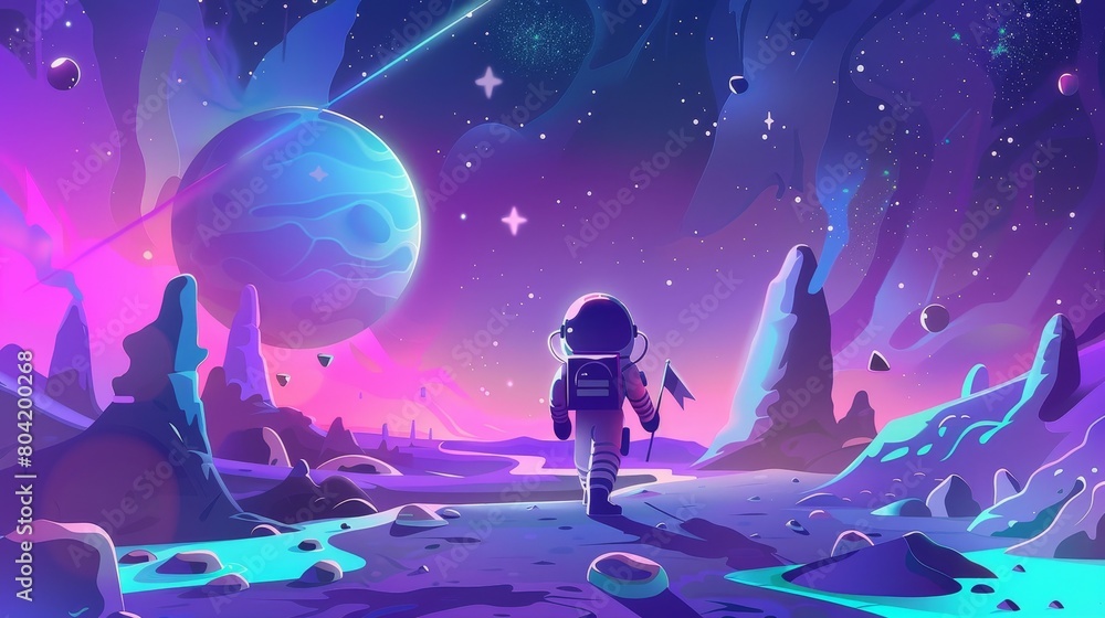 Cosmos background with cute cosmonaut holding white flag in black ...