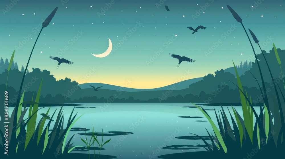 Cattail and green swamp near lake, early morning modern background ...