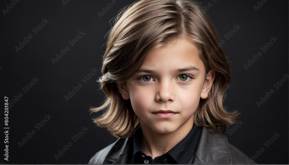 handsome kid male fashion model with flowing long hair close-up ...
