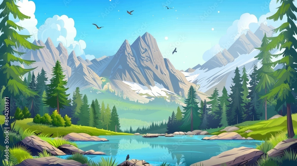 Illustration of scenic natural landscape surrounded by forest, a ...