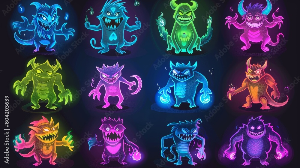 Cartoon neon color monsters isolated on black background. Modern ...