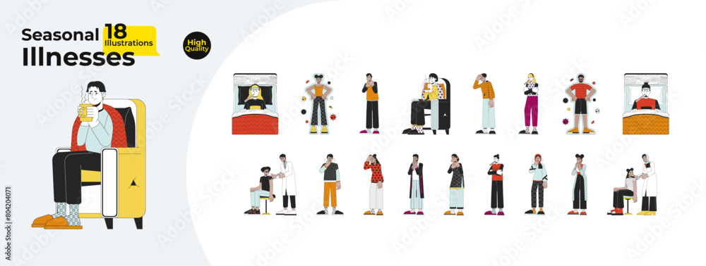 Seasonal illnesses line cartoon flat illustration bundle. Diverse ...