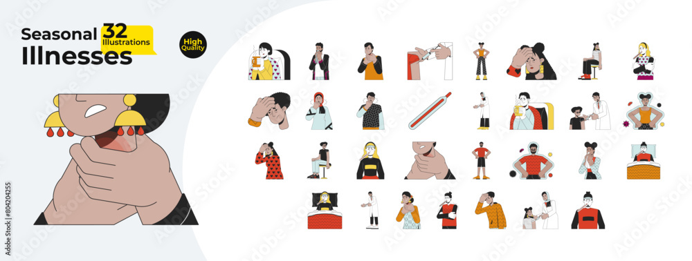 Seasonal influenza treatment line cartoon flat illustration bundle ...