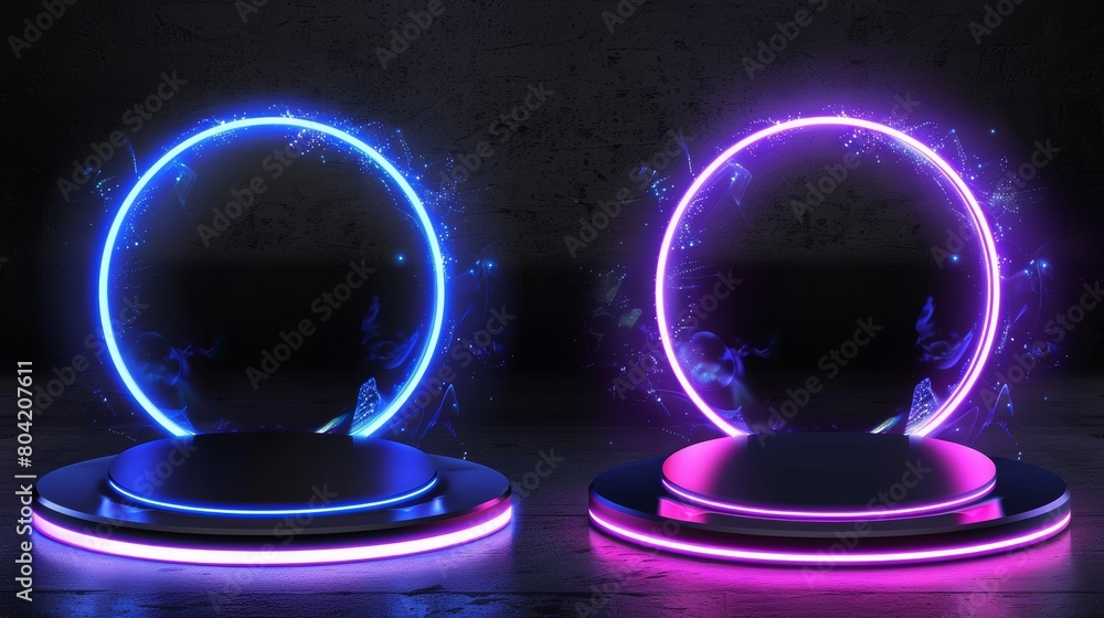 Hologram teleport funnel illustration set with neon led glow stage ...