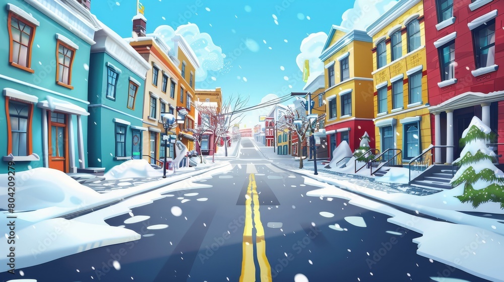 Animated illustration of a winter city with snow on streets and houses ...