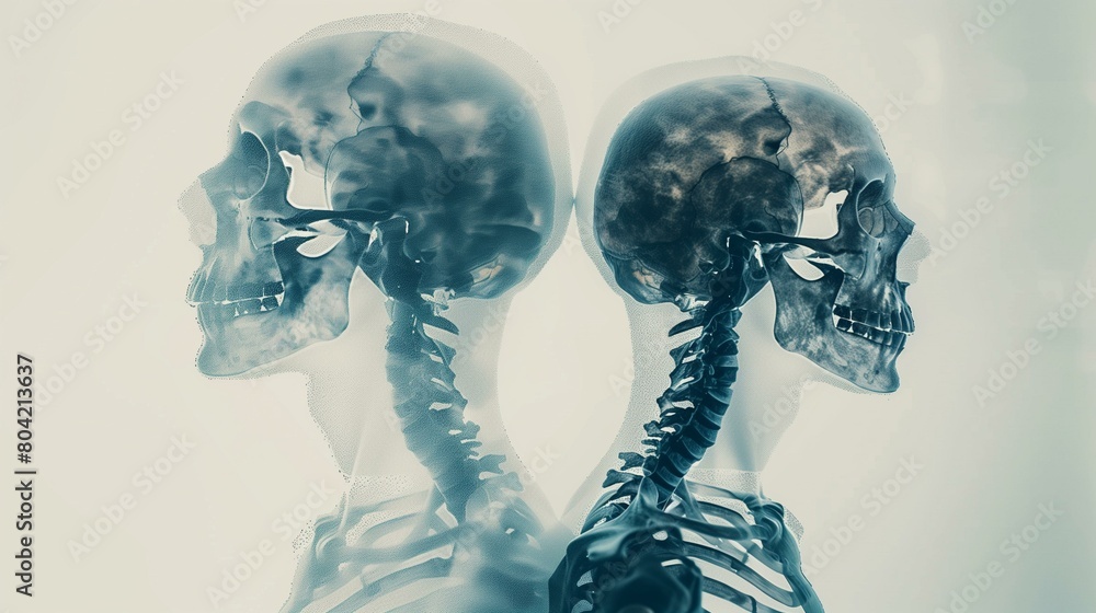Double exposure body skeleton, human skeleton and human skull ...