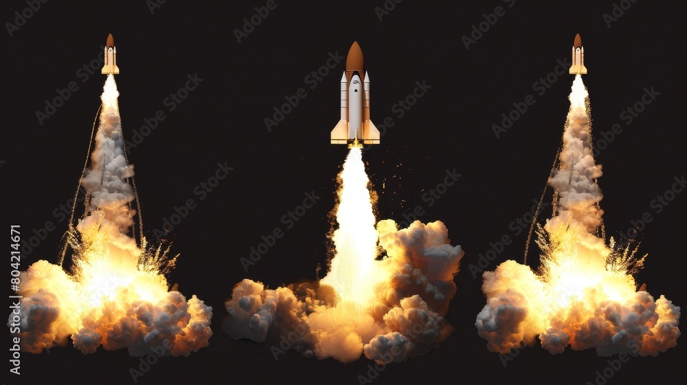 Fire flame modern in rocket launch smoke trail. Airplane takeoff spray ...