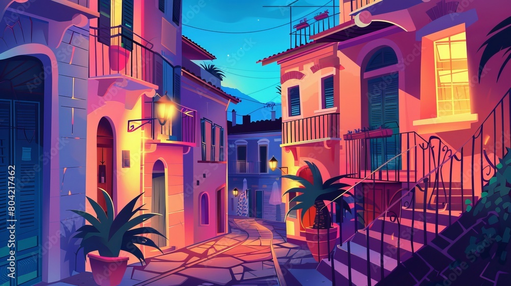 Cartoon illustration of a night Italian old town street. Victorian ...