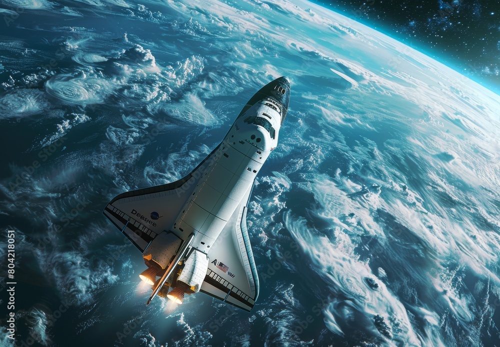 Spaceship orbits Earth, surrounded by clouds, with a shuttle rocket in ...