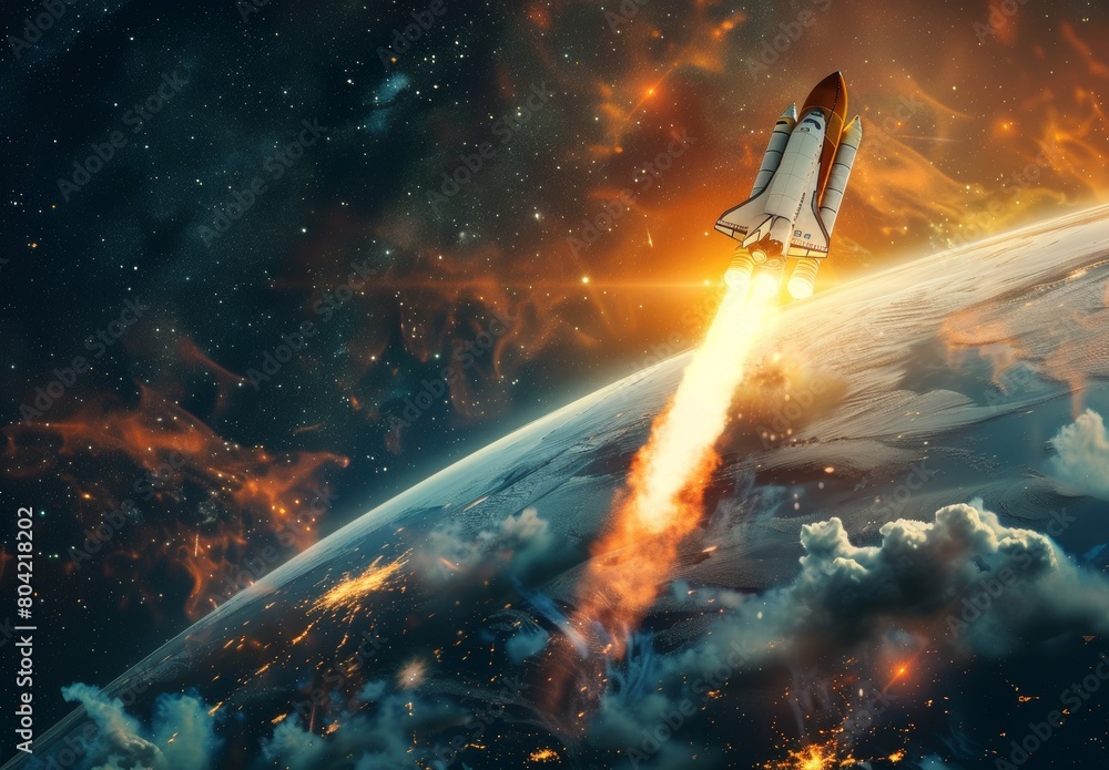Spaceship orbits Earth, surrounded by clouds, with a shuttle rocket in ...