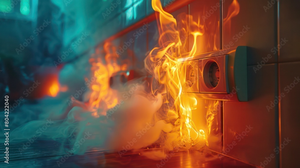 Home electric wire plug in indoor in fire caused by a short circuit ...