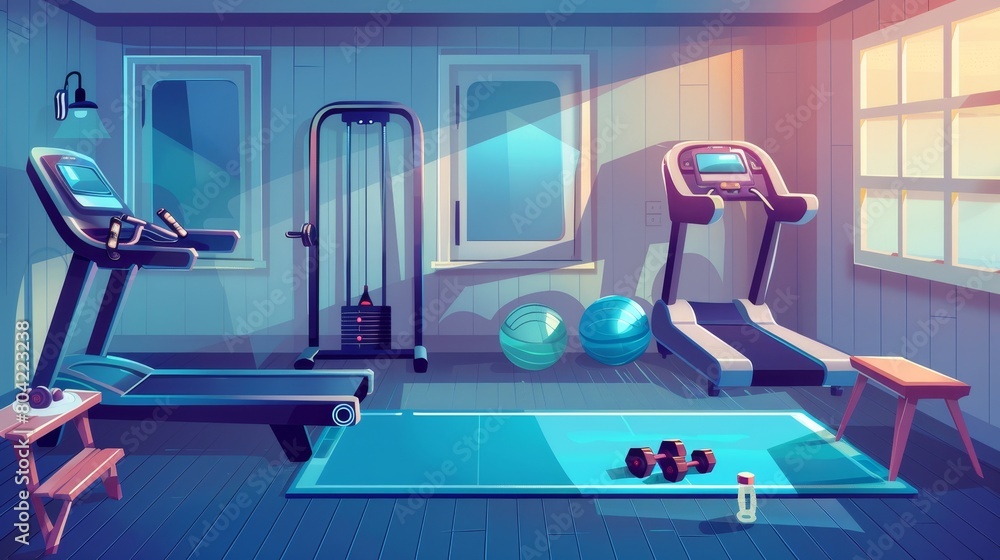 A home gym with exercise equipment and furniture. Modern cartoon ...