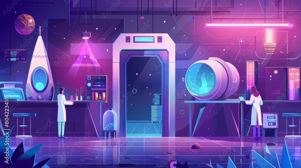 Imaginary spaceship lab room interior with door inside background ...