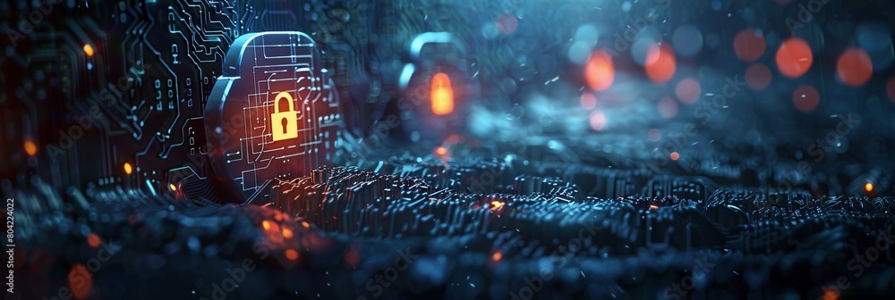 Fragmented padlock icons symbolizing a cybersecurity breach, depicted ...