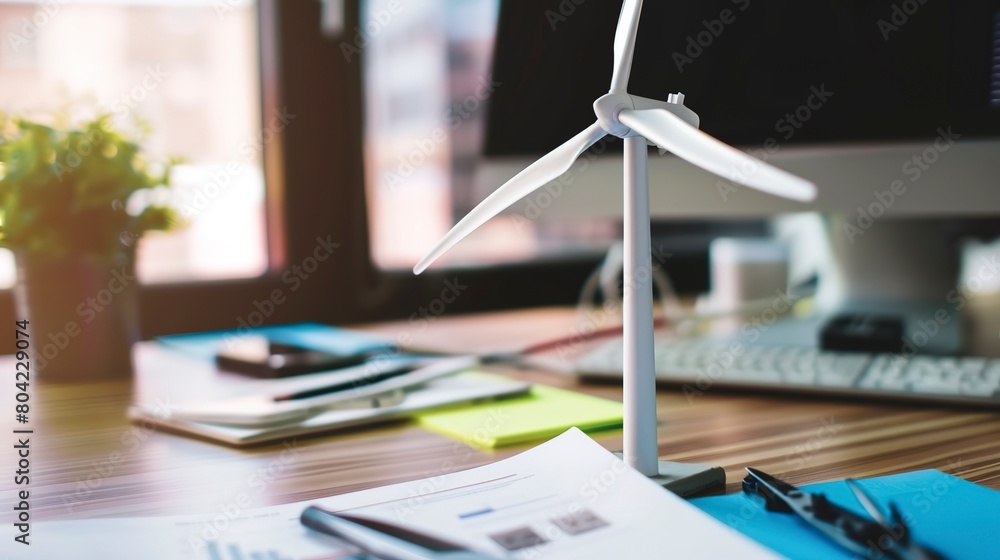 Detailed image of a small wind turbine model on an engineerâ€™s desk ...
