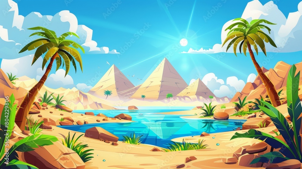 The Egyptian desert with the Nile river and palm trees modern ...