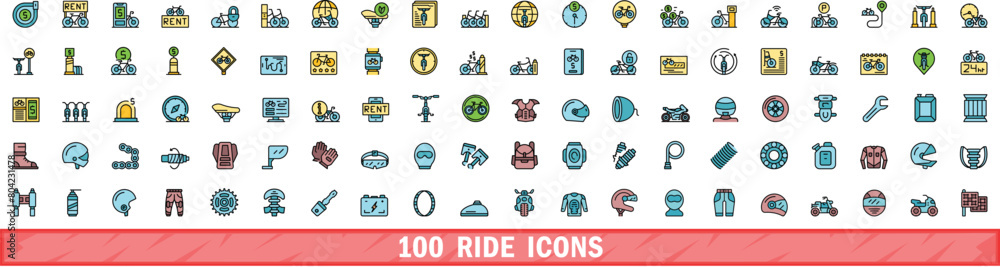 100 ride icons set. Color line set of ride vector icons thin line color ...
