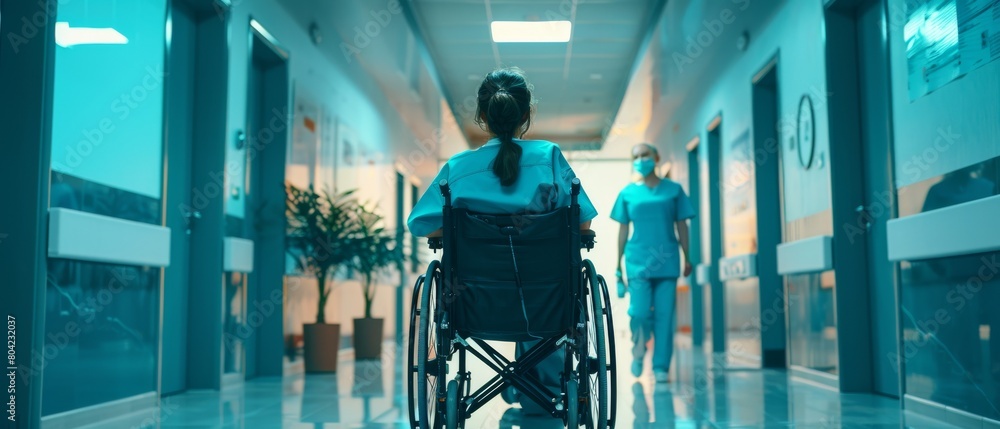 Nurse pushing wheelchair-bound patient through hospital corridor ...