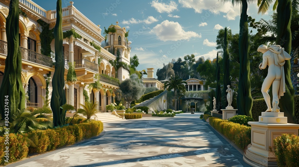 A luxury mansion entrance with a sweeping driveway and a classical ...