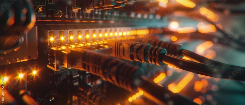 The Ethernet cables are connected to the router ports with blinking ...