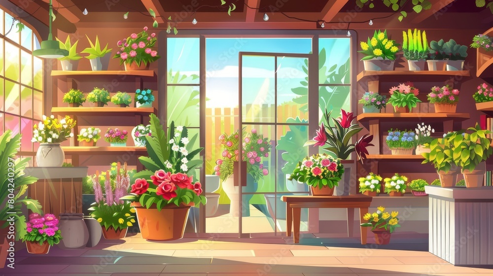 Cartoon modern florist store interior with green plants in pots and ...